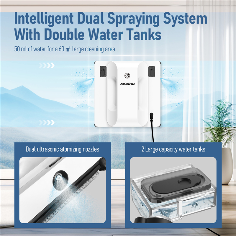 AlfaBot Window Cleaning Robot – 2800Pa Suction Dual Spray System