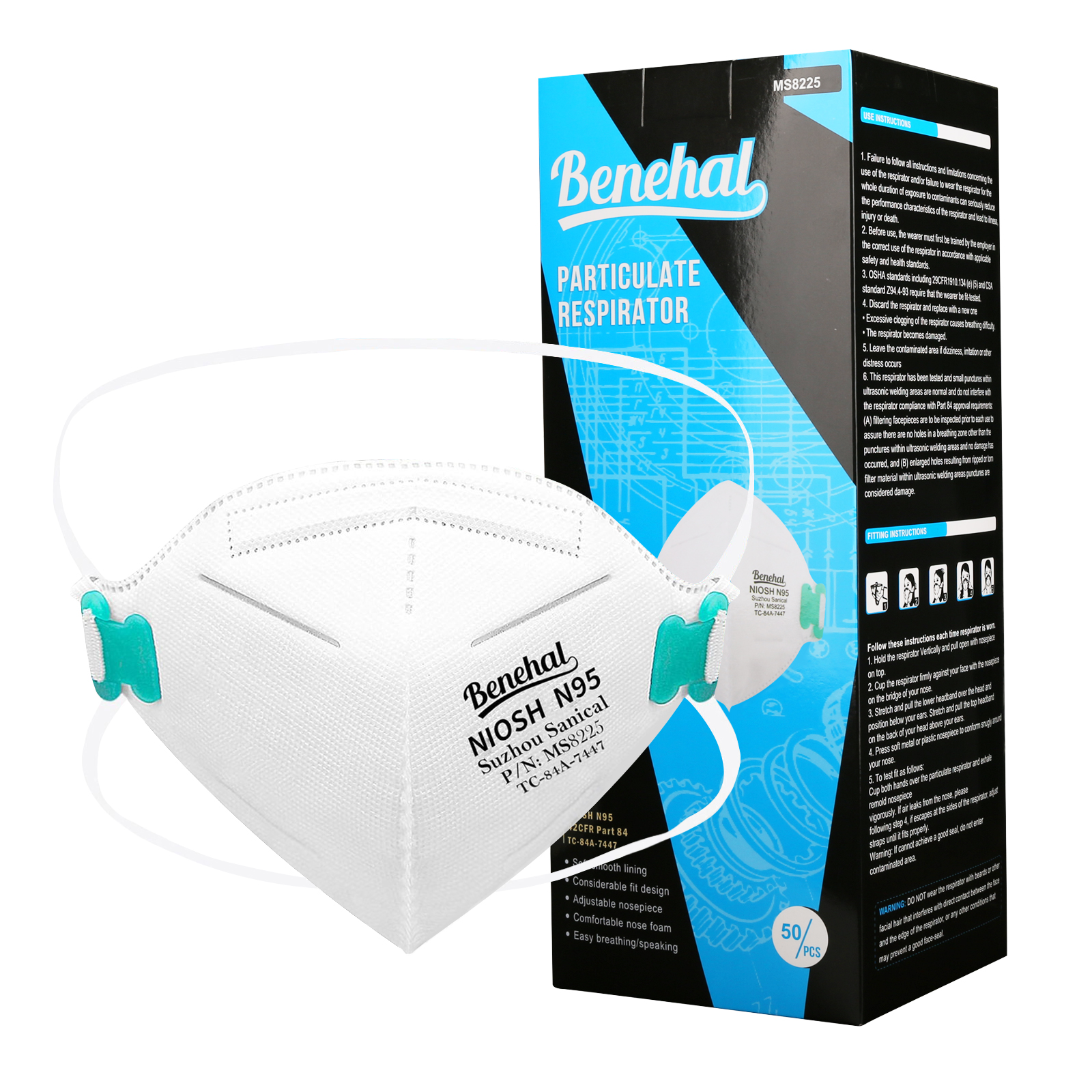 【msrp $50】benehal N95 Mask Particulate Respirators, 50pcs