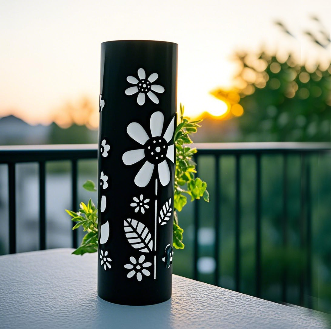 Metal Round Column Floral Solar Lantern