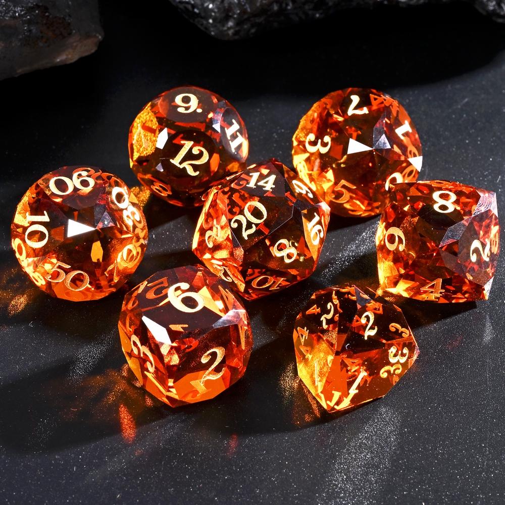 Multifaceted Amber Colour Crystal DnD Dice Set