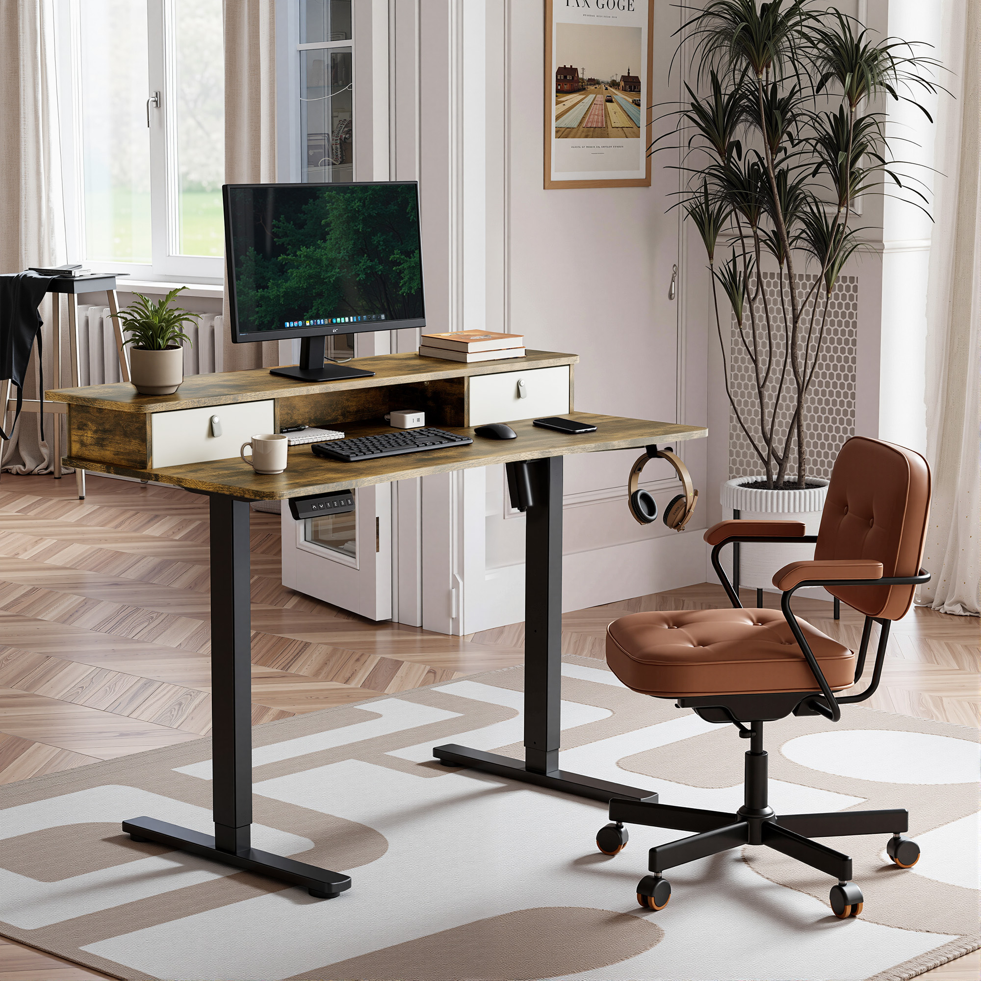 2-Drawer Large-Capacity Standing Desk - Ergonomic Electric Desk with ...