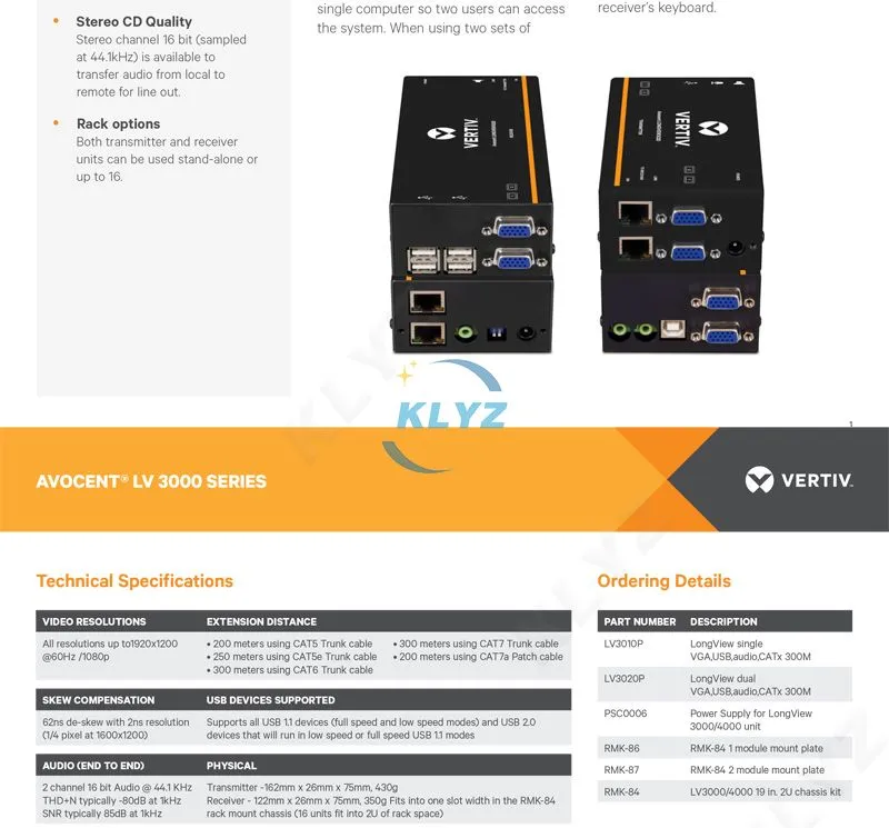 Vertiv Avocent LV3000 series KVM extender VGA interface