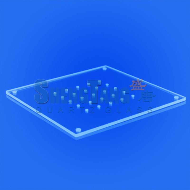 Custom square quartz plate lens with hole 140×140×3mm 350-2000nm