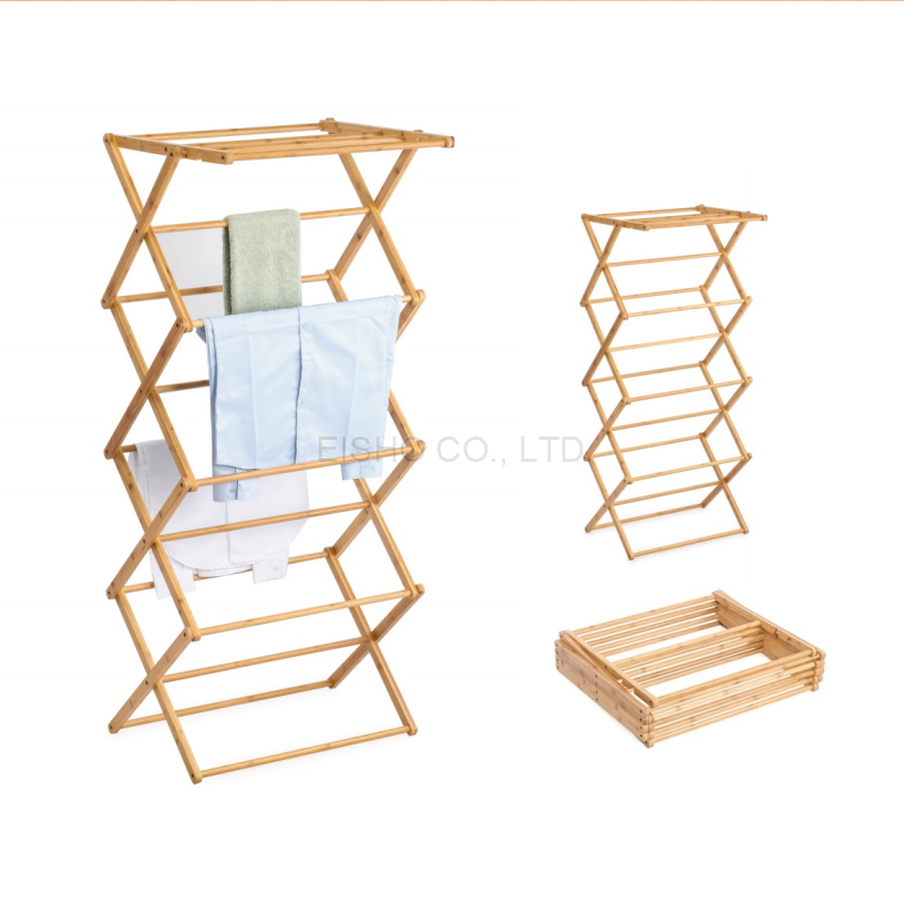 High and Foldable Bamboo Clothes Drying Rack with 8 Tiers