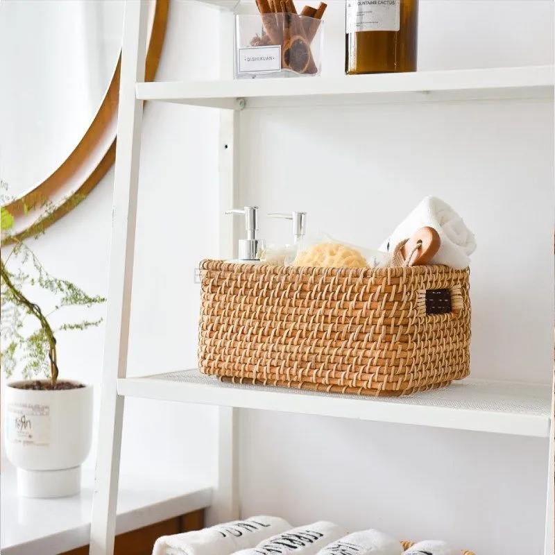 Natural Rectangular Rattan Basket with Built-in Handles