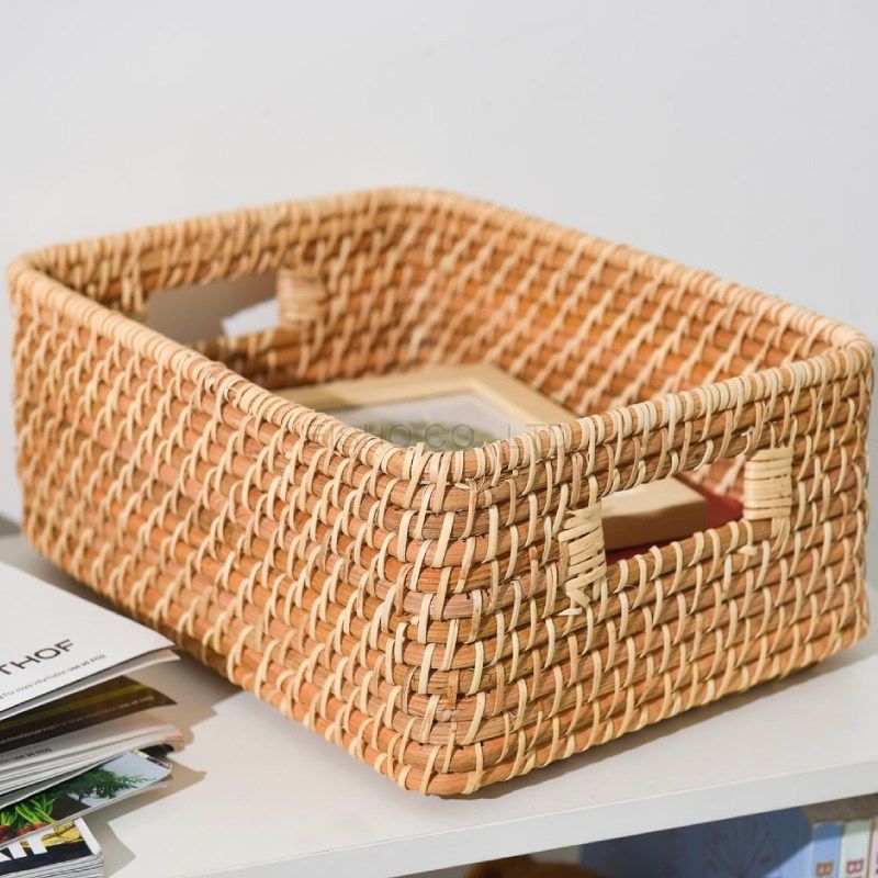 Natural Rectangular Rattan Basket with Built-in Handles