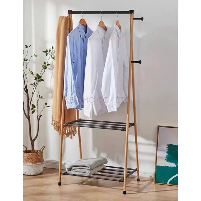 Foldable Cloth Drying Rack with 2 Shelf & 4 Hanging Knobs