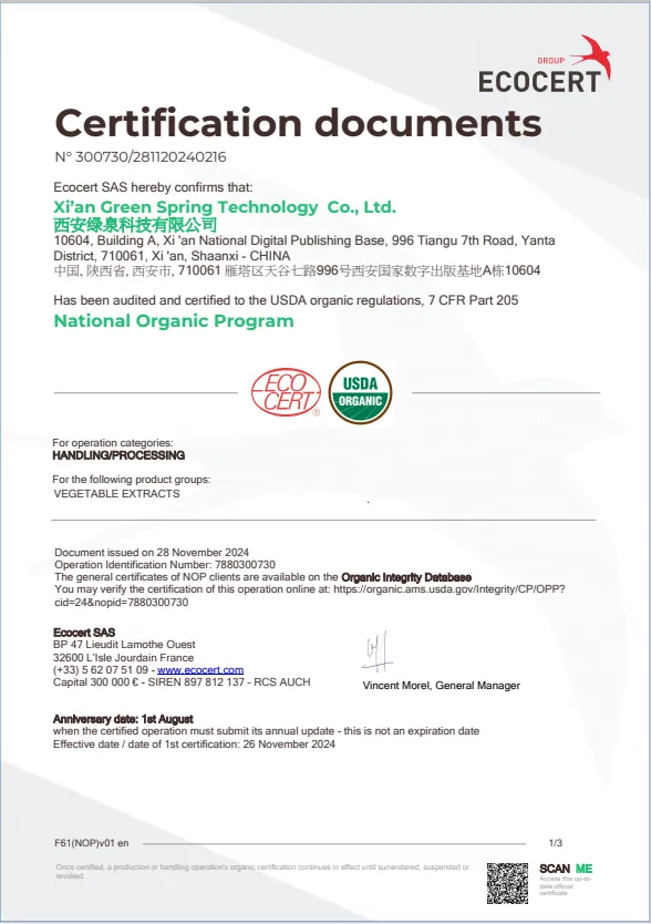 Xi'an Green Spring obtained ORGANIC CERTIFICATES from the USDA and ...